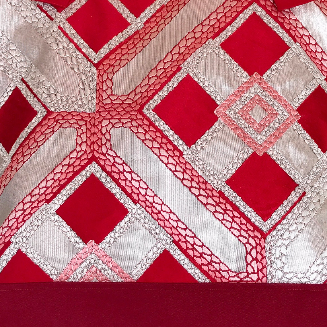 KAWAII! Japanese Brocade Obi Recycled - Red, Metallic Silver - Argyle ...