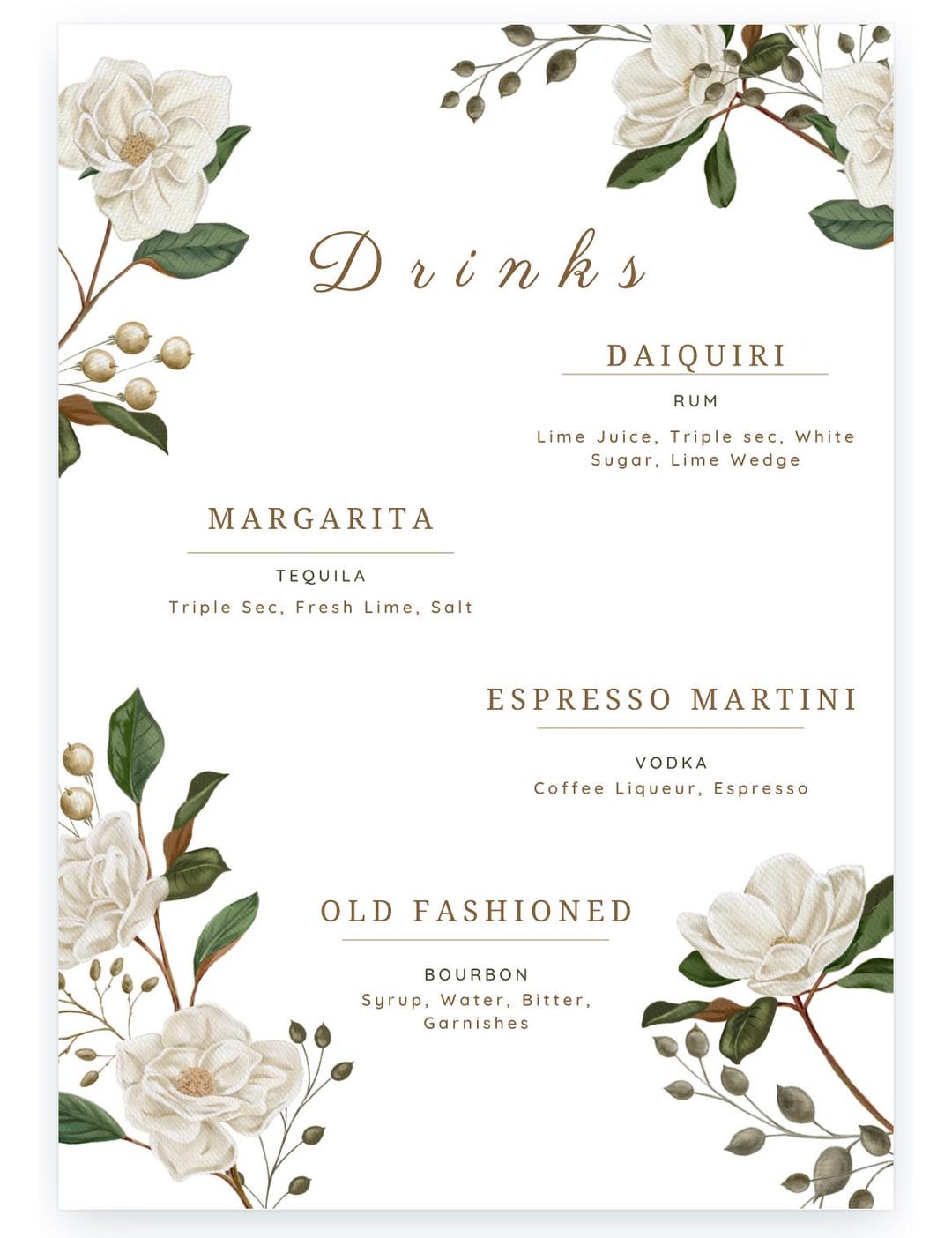 Elegant Custom Drinks Menu Sign ~ A5 Template - Etsy