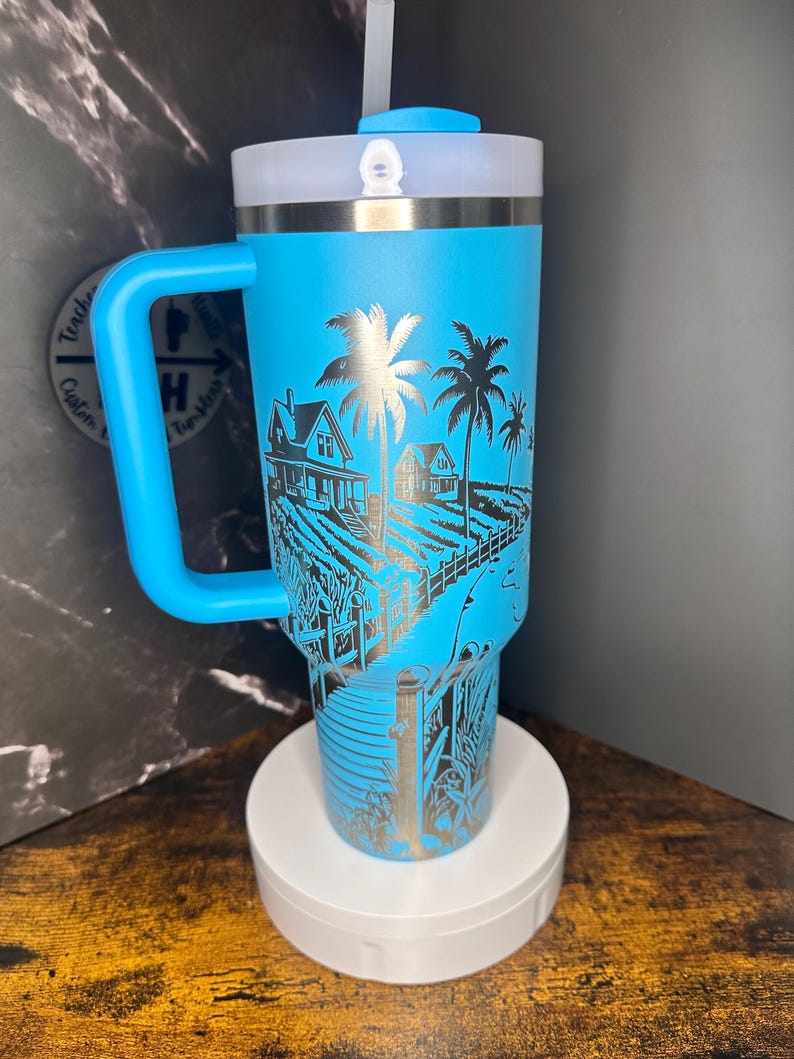 Laser Engraved Beach Tumbler: Sea Turtle & Palm Tree Stainless Steel ...
