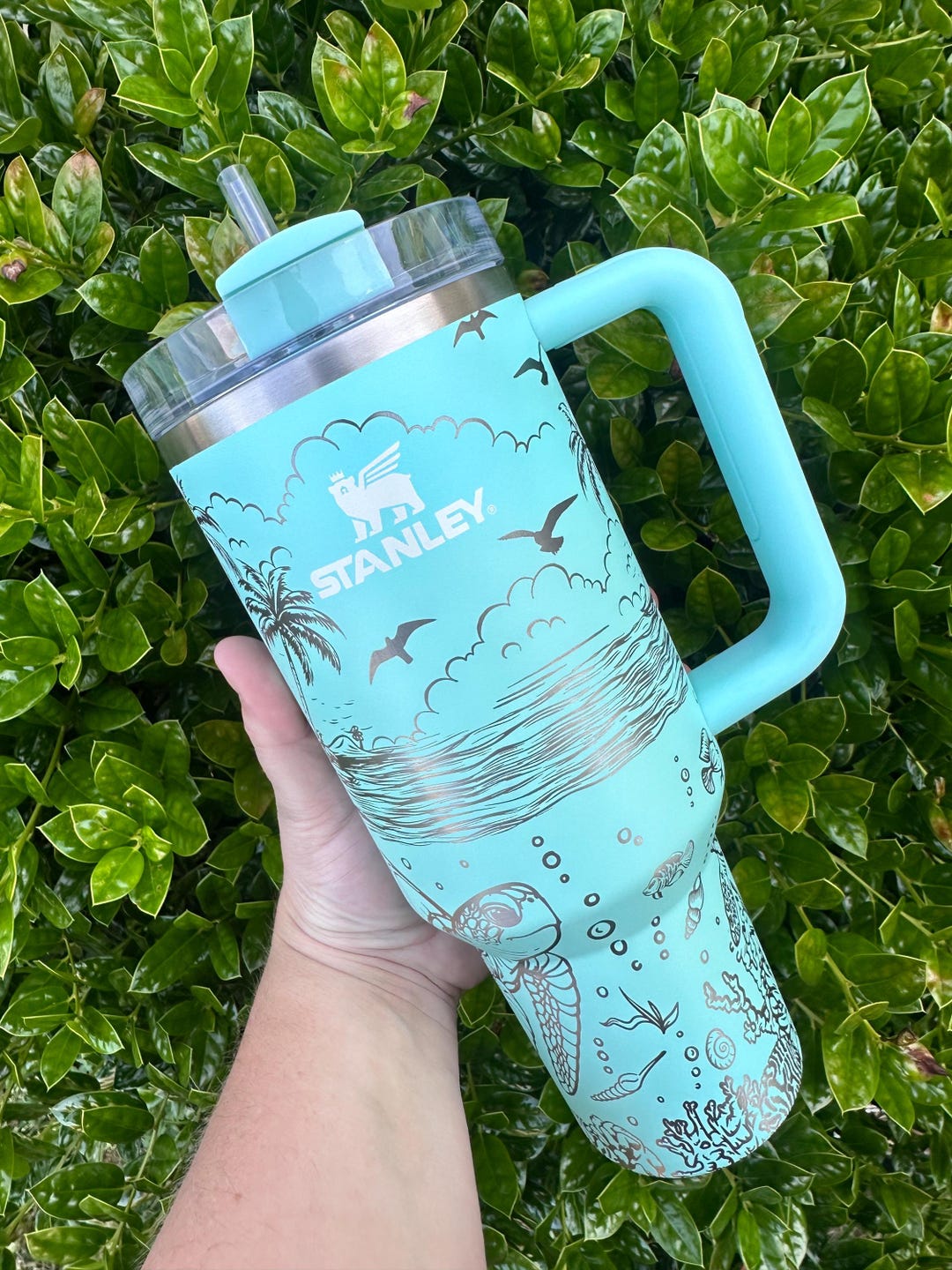 Laser Engraved Beach Tumbler: Sea Turtle & Palm Tree Stainless Steel ...