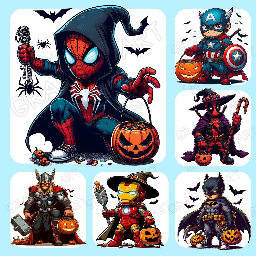 Kids Cartoon Superhero Halloween PNG: Shirt Sublimation Design (digital ...