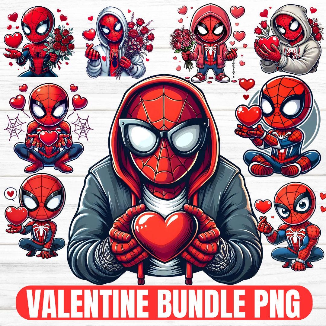 Spiderman Valentine Cartoon PNG Bundle: Superhero Valentines (digital ...