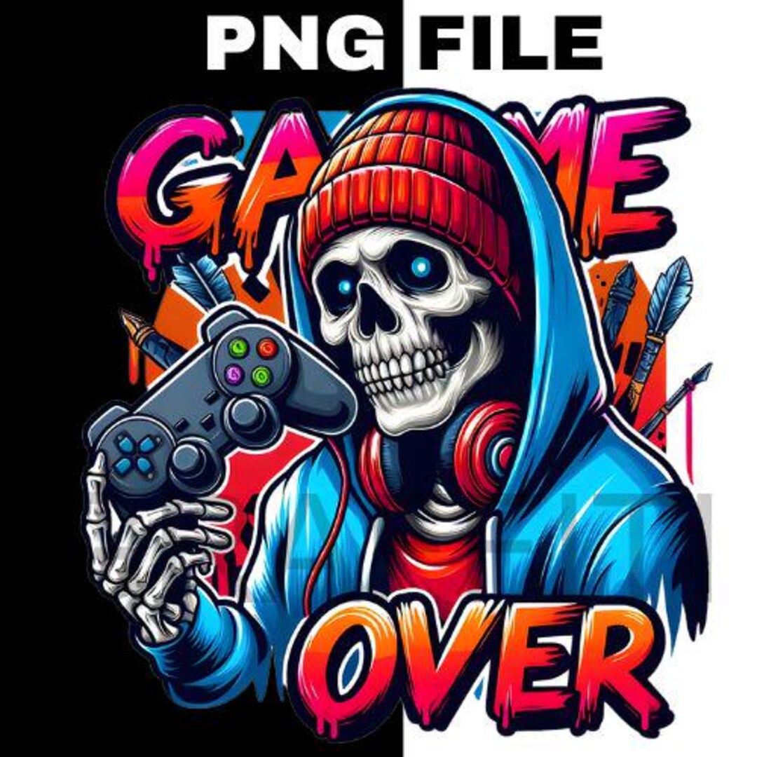 Skeleton Game Over PNG ,gaming Halloween PNG Sublimation Shirt Digital ...
