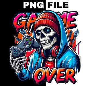 Skeleton Game Over PNG ,gaming Halloween PNG Sublimation Shirt Digital ...