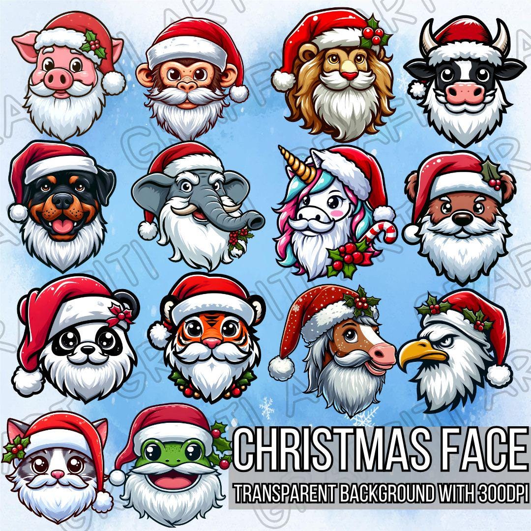 45 Christmas Cute Animals Face Clipart Set,christmas Clipart Png,funny ...