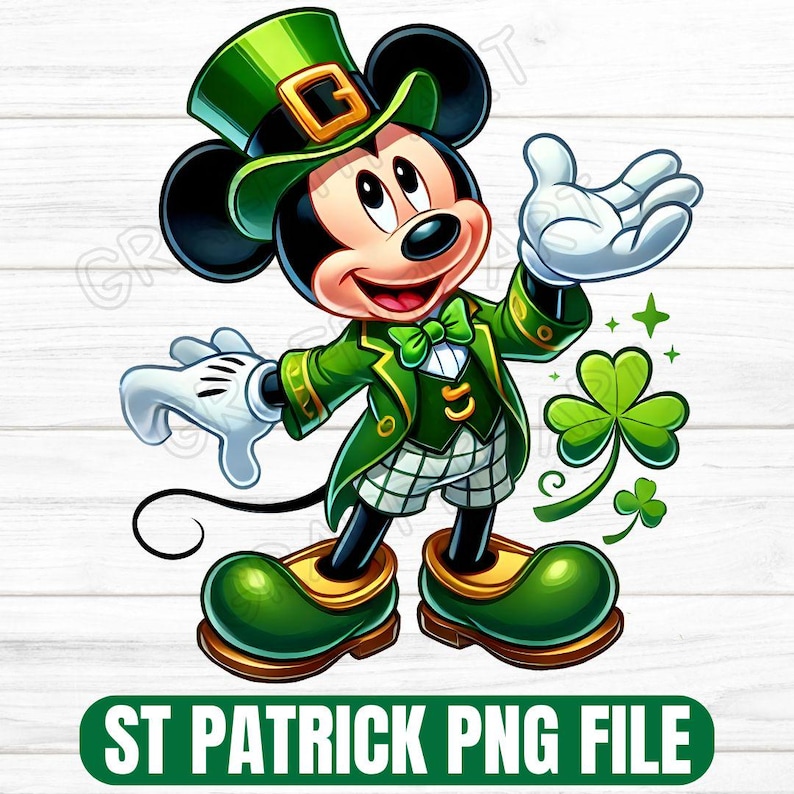 St Patrick's Day Mickey Mouse PNG: Lucky Clover Cartoon (digital ...