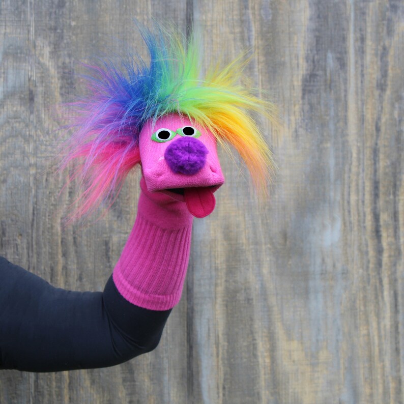 Sockett "sammy" Sock Puppet, Pink With Rainbow Hair, Handmade to Order ...