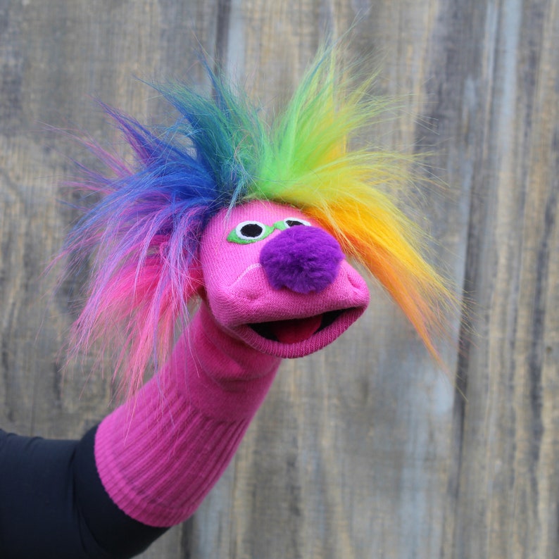 Sockett "sammy" Sock Puppet, Pink With Rainbow Hair, Handmade to Order ...