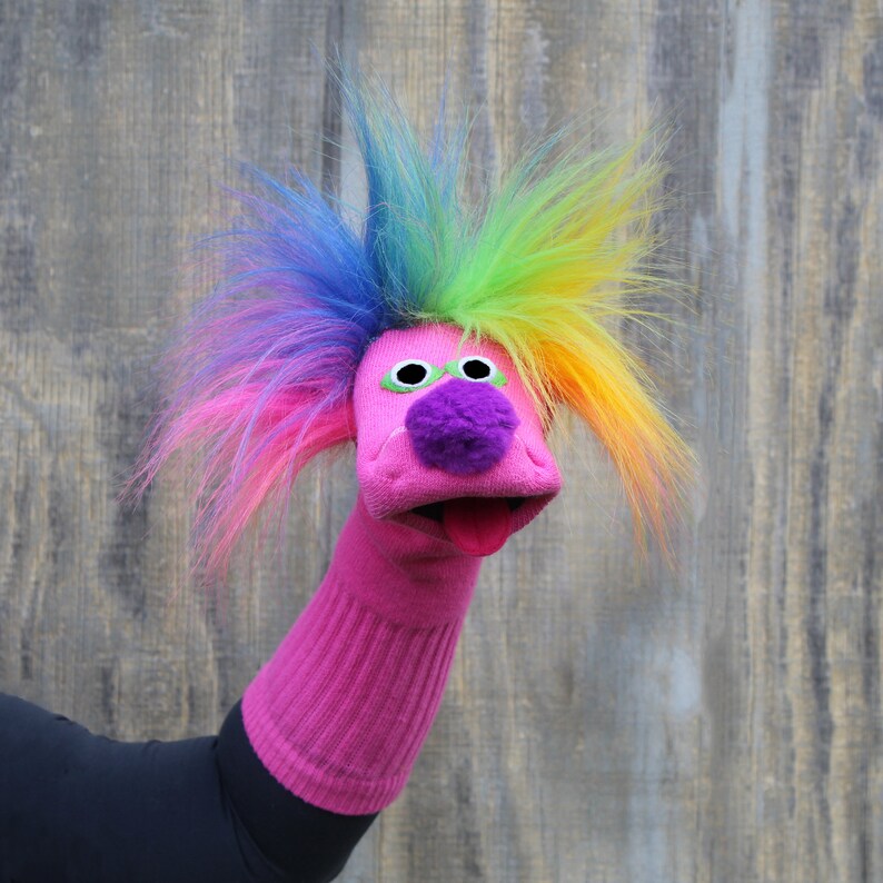 Sockett "sammy" Sock Puppet, Pink With Rainbow Hair, Handmade to Order ...