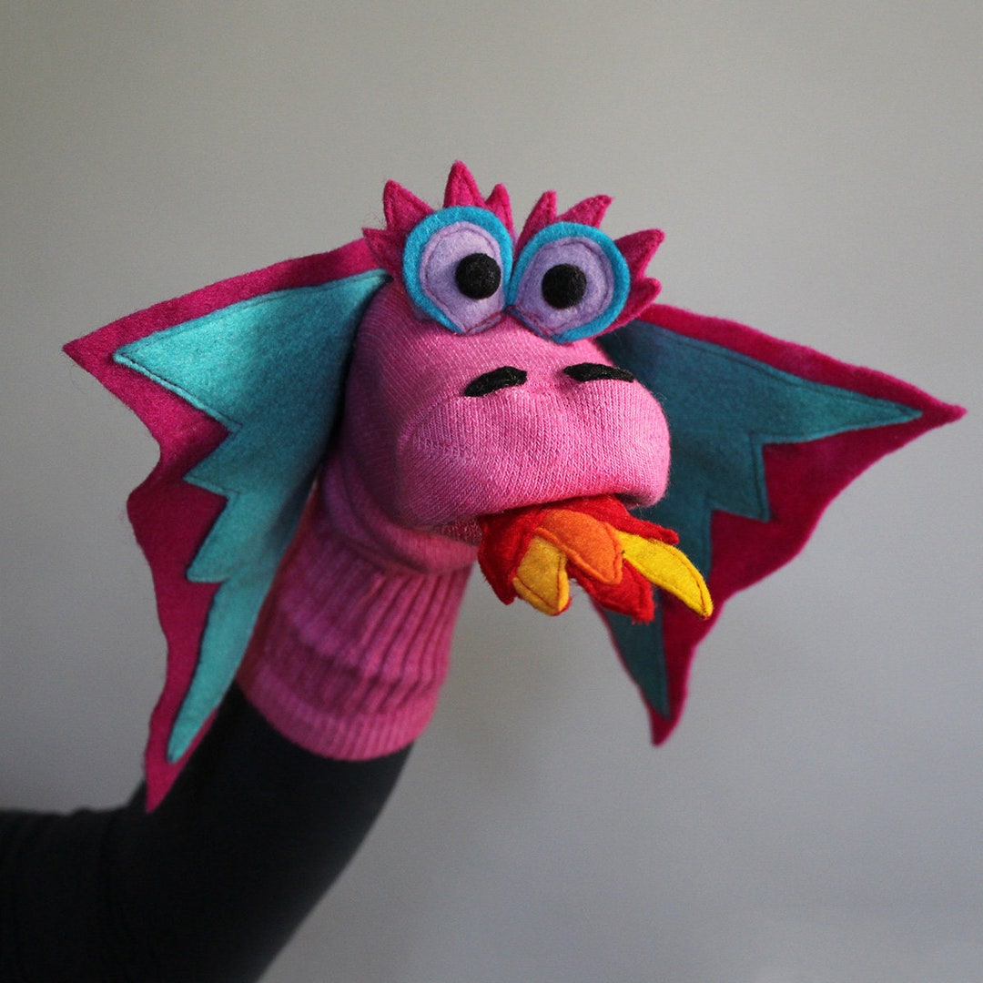 Pink Sock Puppet Dragon, Handmade on Cotton Sock, All Sewn Parts, Soft ...