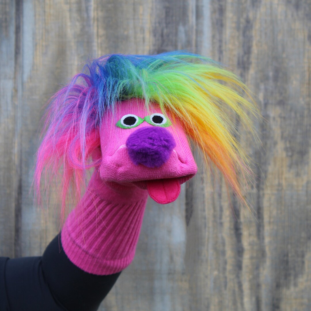 Too Socky Sock Puppet "sammy" Pink With Rainbow Hair, Heirloom Quality ...