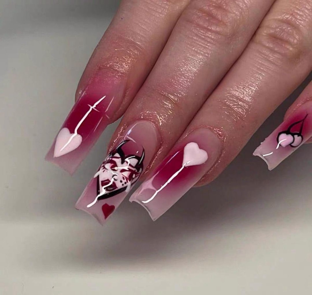 Sweet Raspberry Nail black Tea Colorful Press on Nail Cool Witch Fake ...