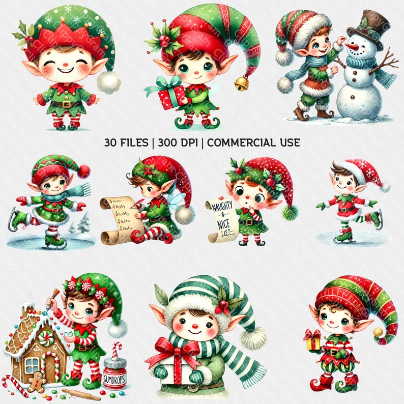 30 Watercolor Whimsical Christmas Elves Clipart Santa, Winter, Elf on ...