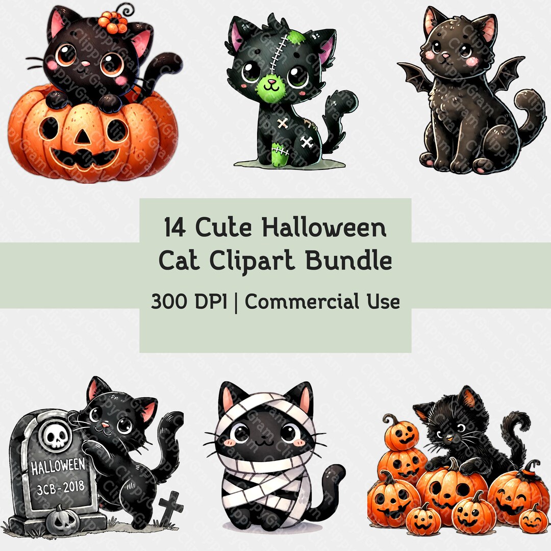 Cute Cartoon Halloween Cats Clipart Bundle | Spooky Cat Stickers ...