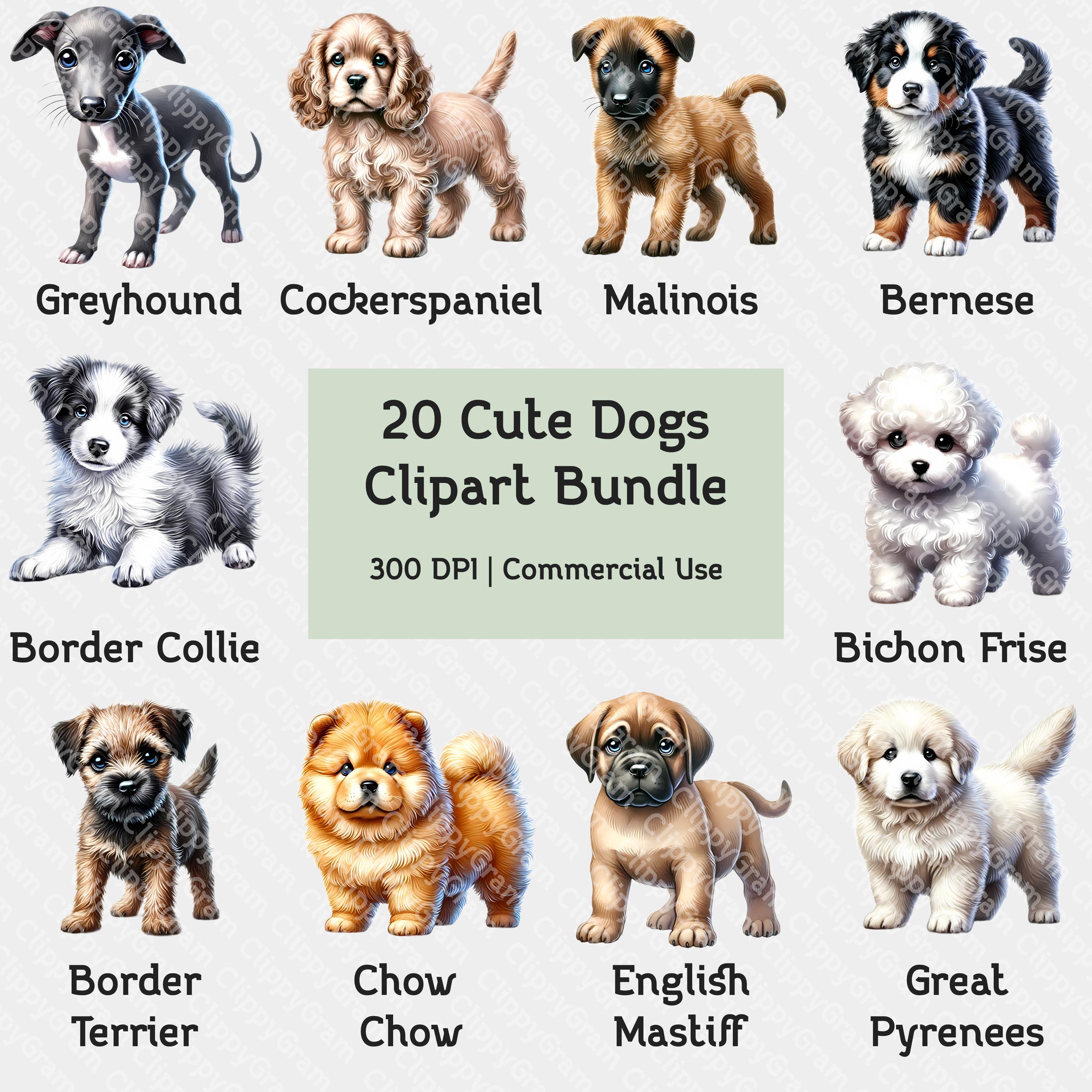 Dogs Clipart Bundle | 20 Cute Dog Breeds PNG Printable, Cute Dogs for ...