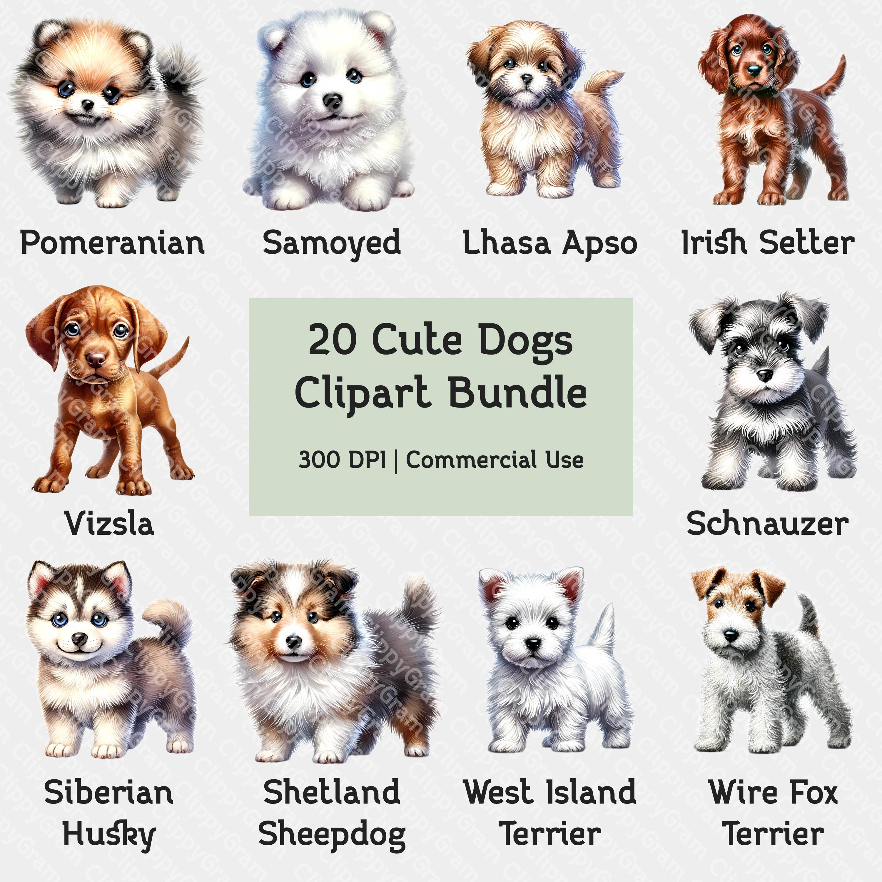 Dogs Clipart Bundle | 20 Cute Dog Breeds PNG Printable, Cute Dogs for ...