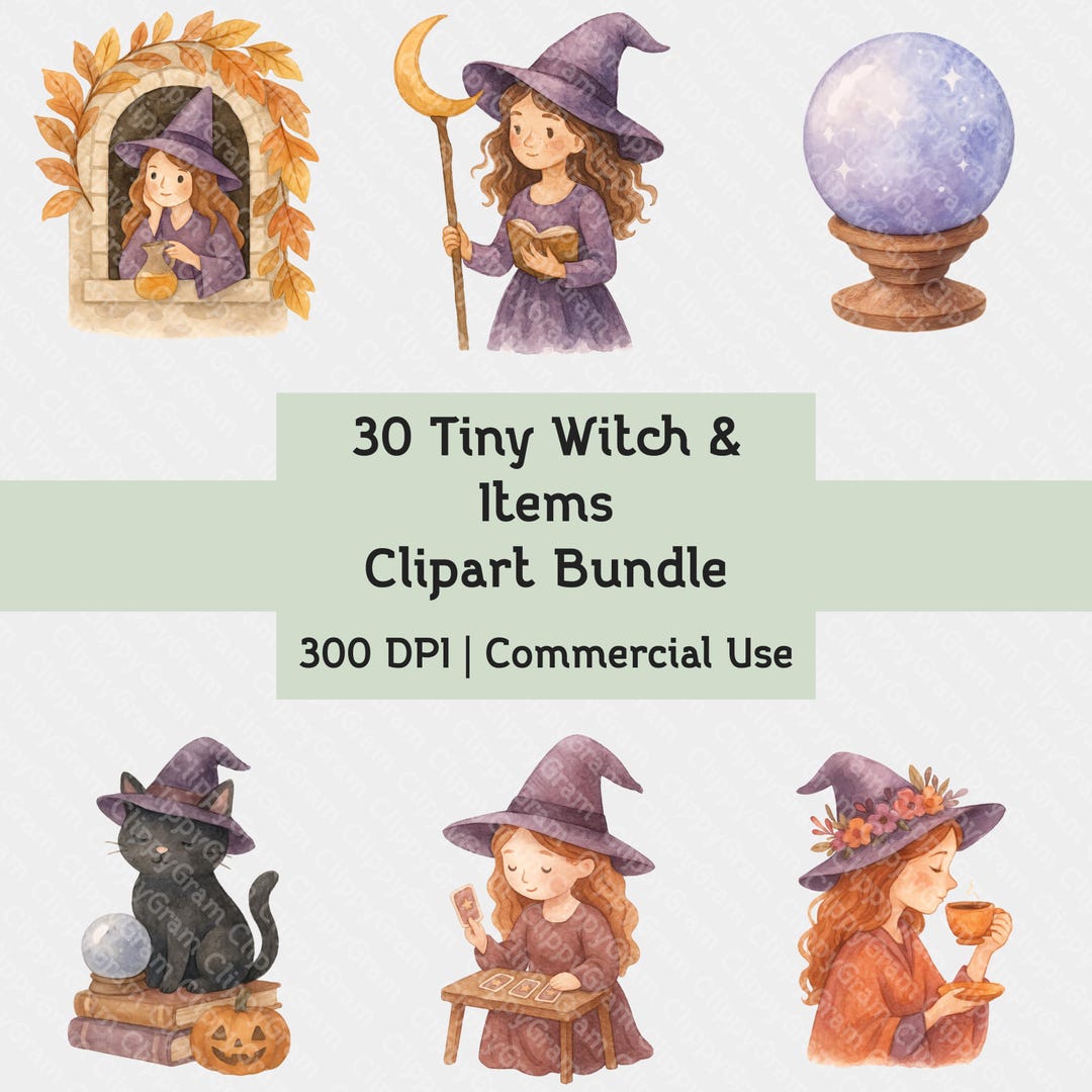 Watercolor Witch Clipart Bundle: Halloween PNG Graphics (commercial Use ...