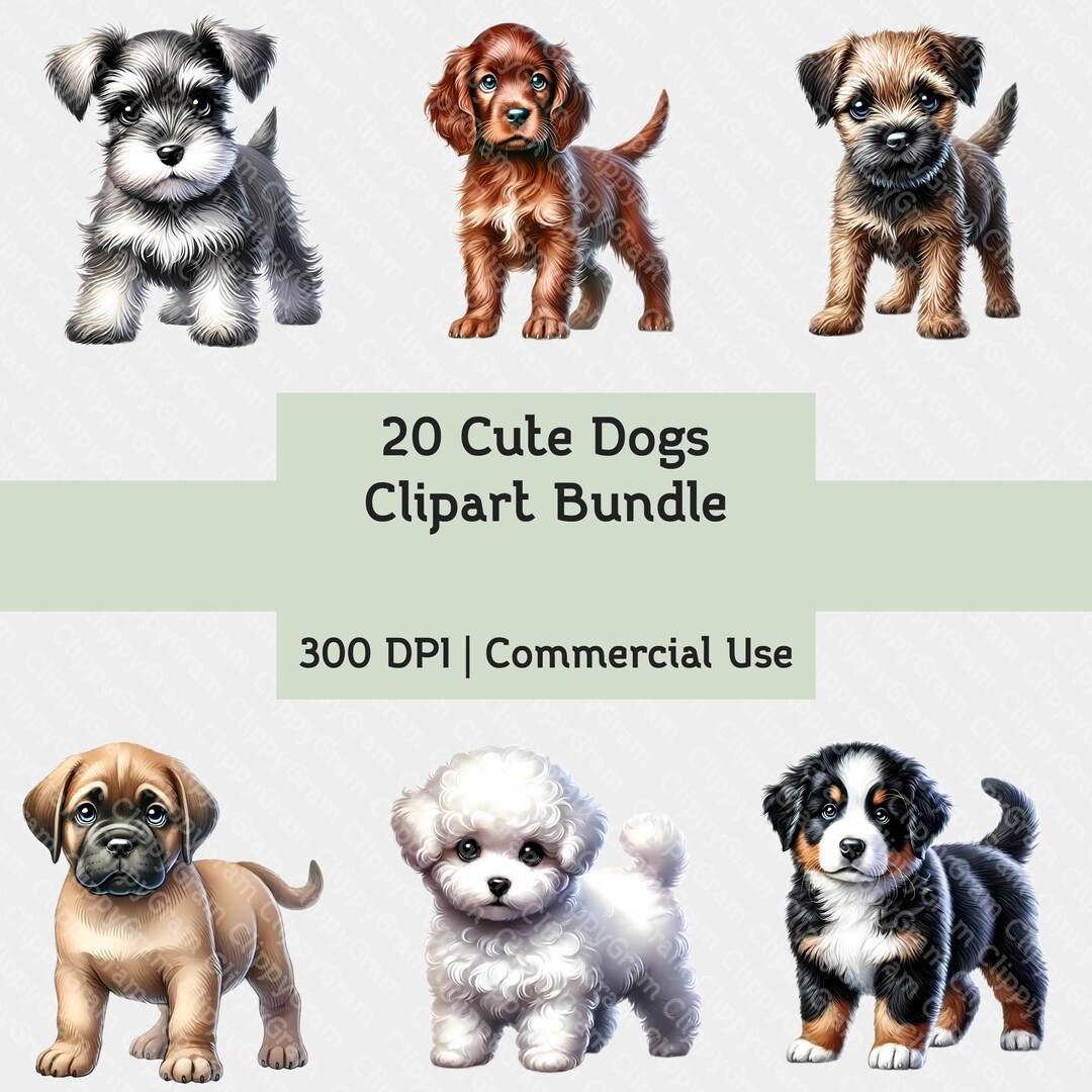 Dogs Clipart Bundle | 20 Cute Dog Breeds PNG Printable, Cute Dogs for ...