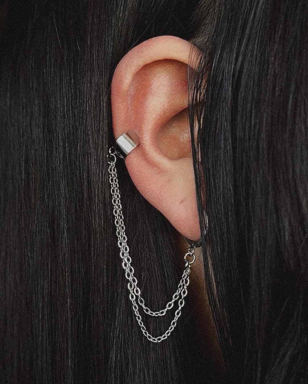 Double Chain Ear Cuff Huggie Earring | Stainless Steel 14mm Hoop With ...