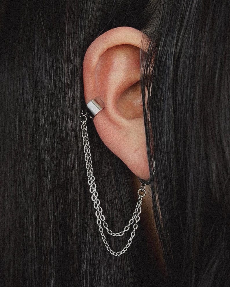 Double Chain Ear Cuff Huggie Earring | Stainless Steel 14mm Hoop With ...