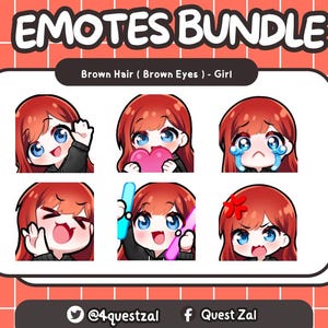 Twitch Emotes, Bundle of 6 Emotes , Cute Chibi Girl / Red Hair / Blue ...