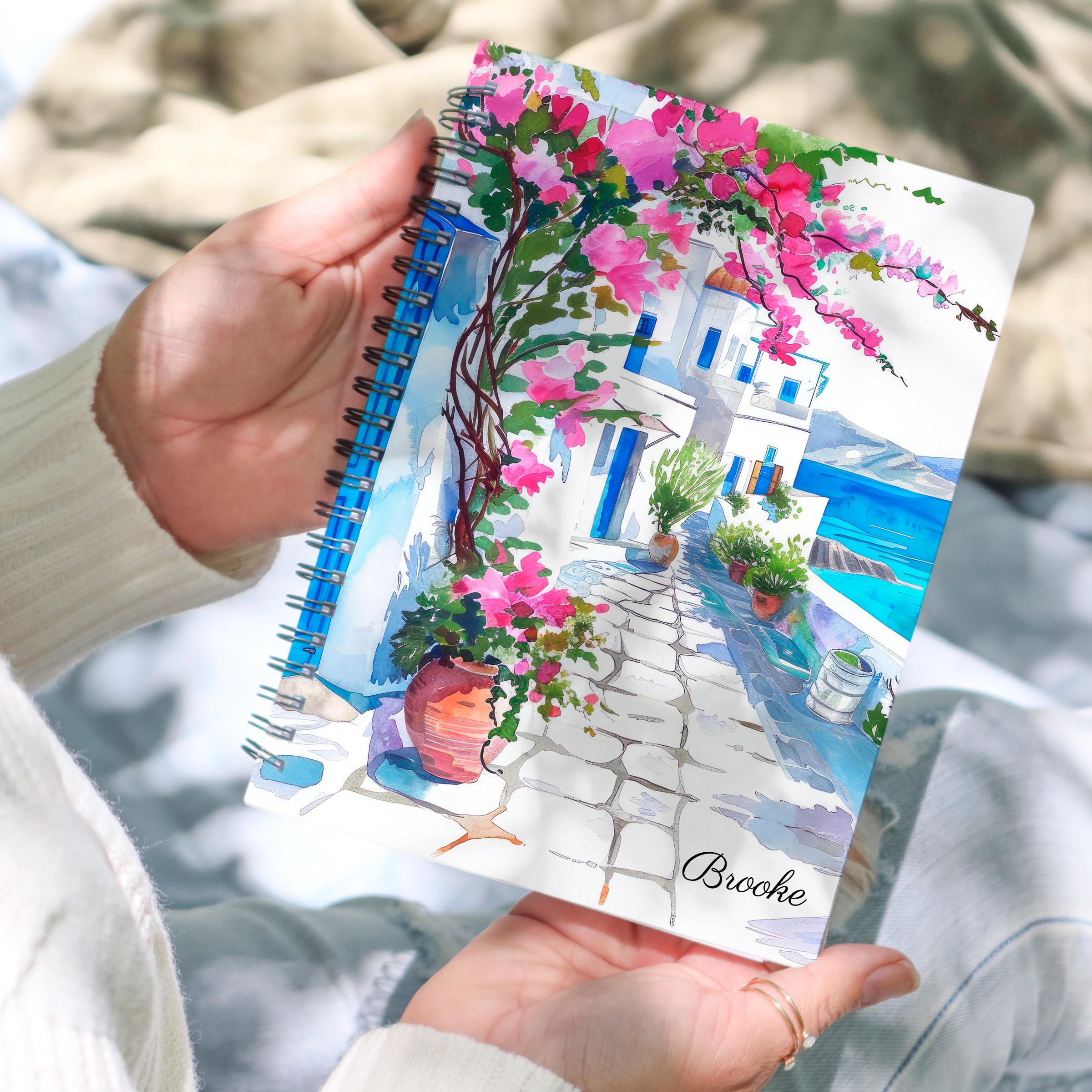 Personalized Santorini Greece Notebook, Floral Path Travel Spiral ...