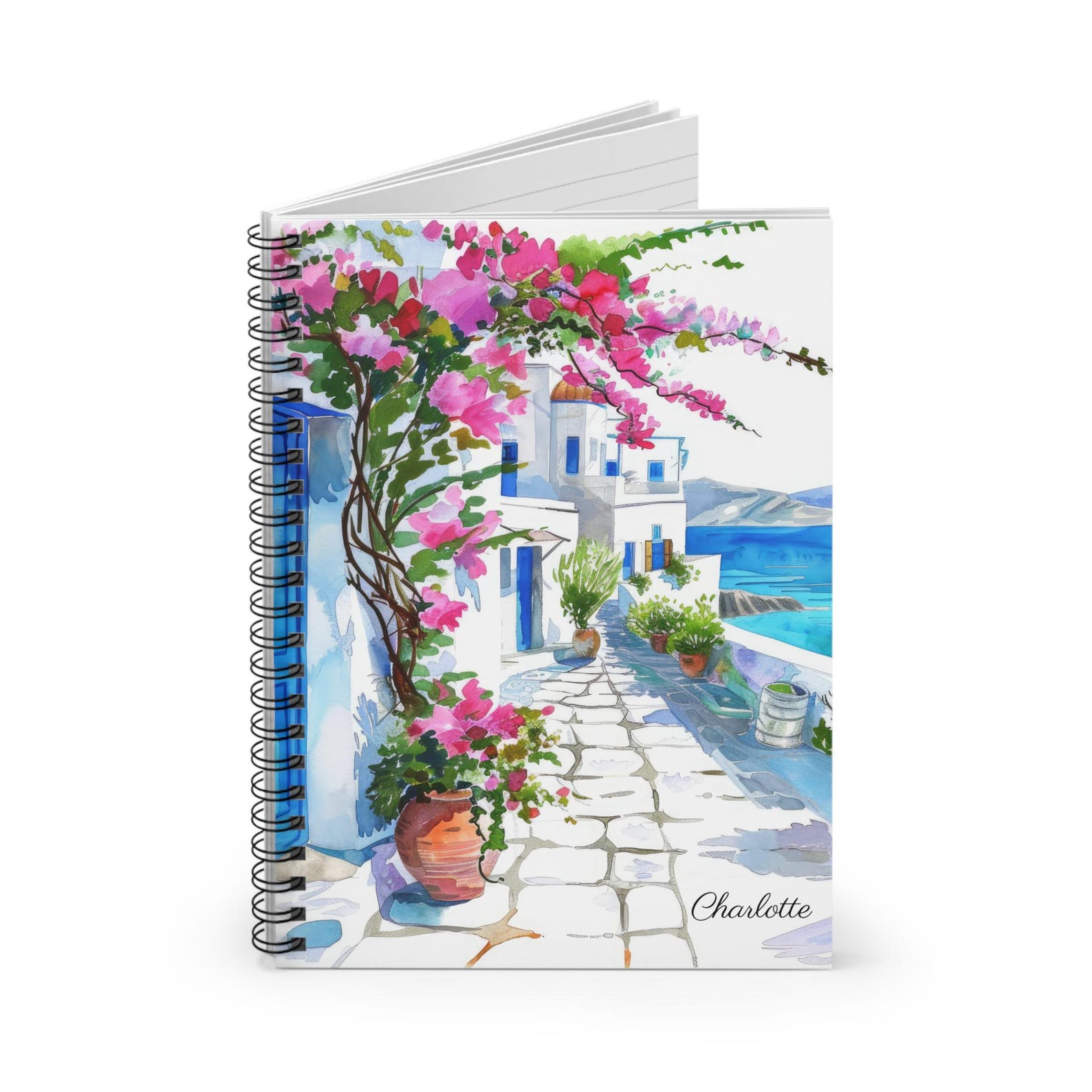 Personalized Santorini Greece Notebook, Floral Path Travel Spiral ...