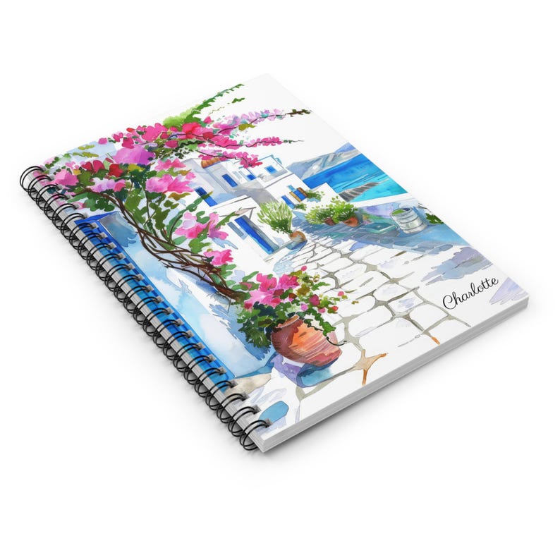 Personalized Santorini Greece Notebook, Floral Path Travel Spiral ...