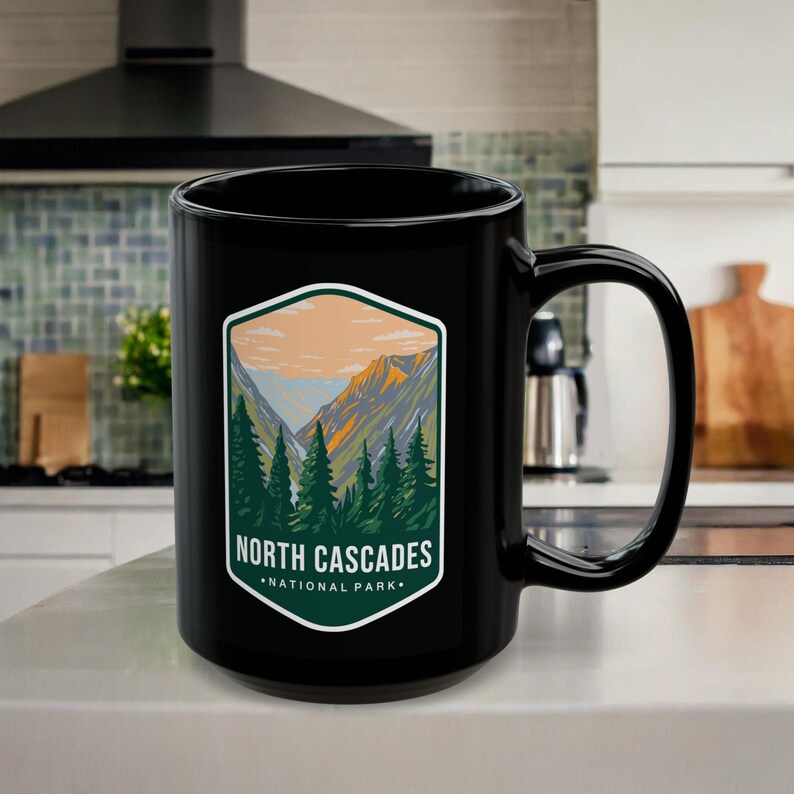 North Cascades National Park Mug: Black Ceramic Coffee Cup (11oz or ...