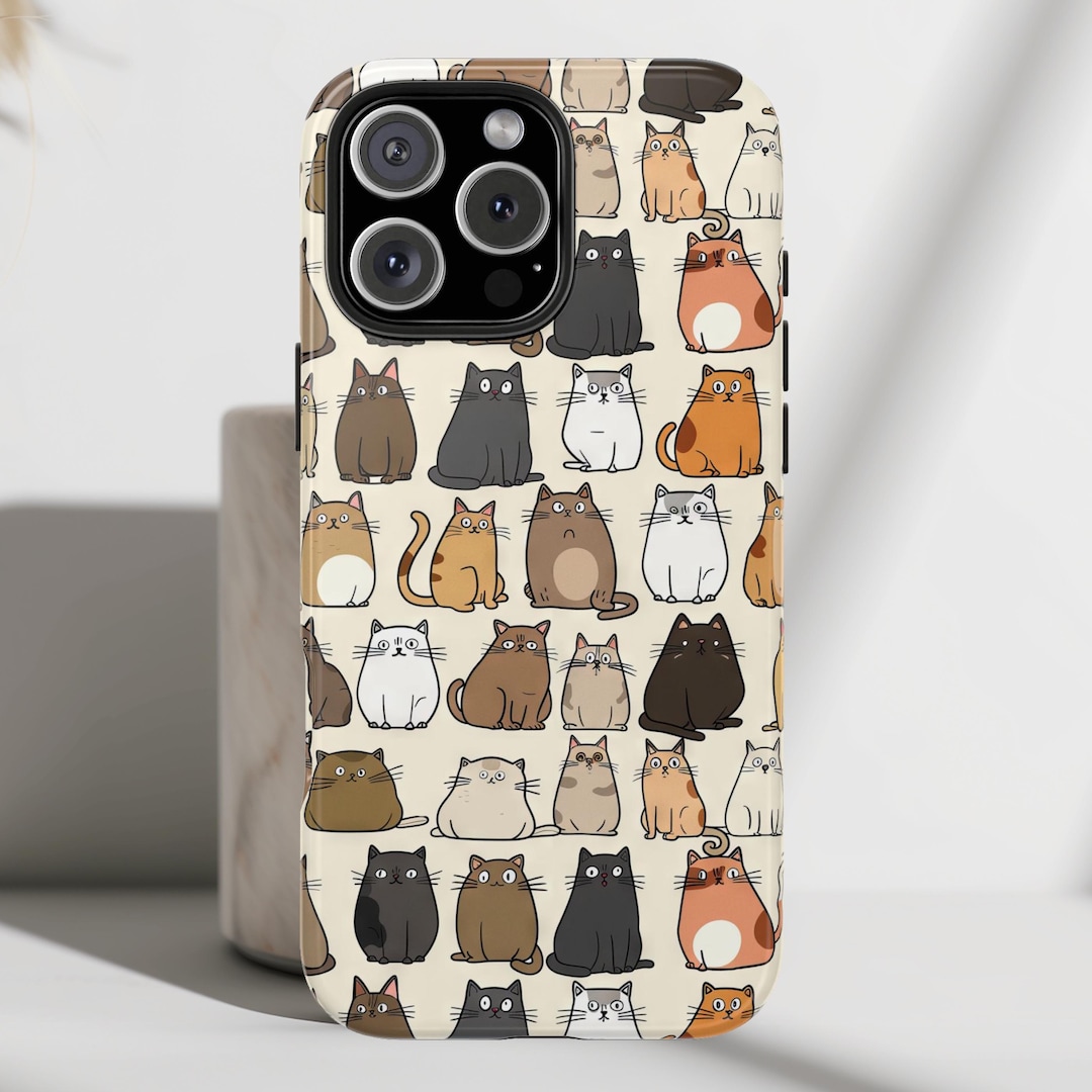 Cartoon Cat Phone Case: Illustrated Kitty, Glossy Tough Cover - Etsy