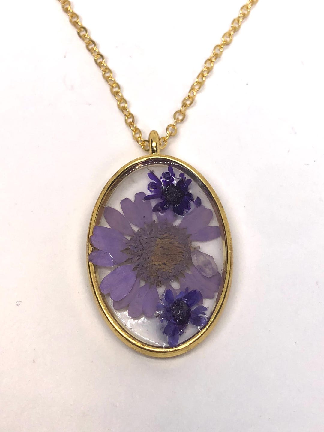 Purple Pressed Flower Resin Oval Bezel Pendant Necklace - Etsy