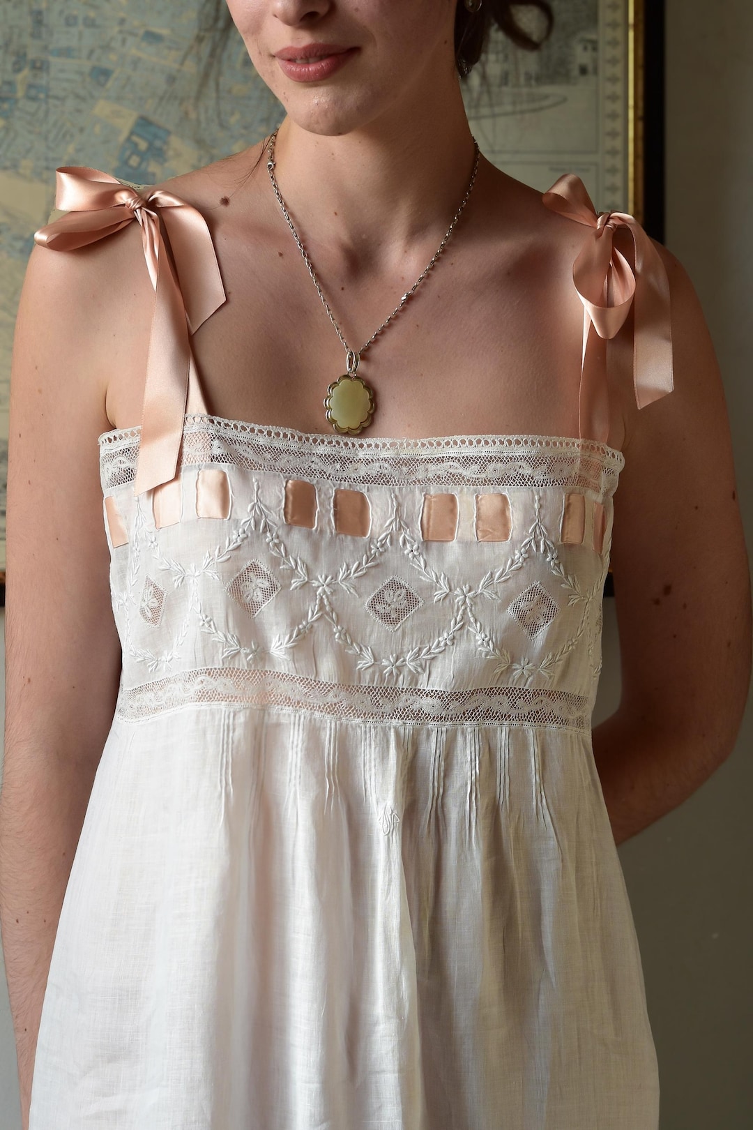 Beautiful Fine Cotton Chemise/nightgown With Embroidery and Large Pink ...