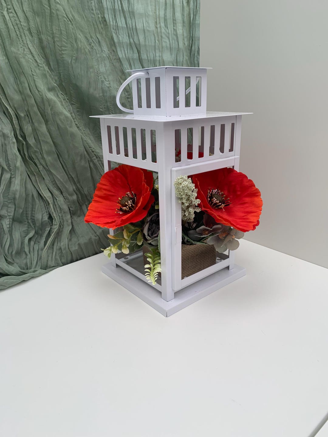 Poppy Lantern Centerpiece, Artificial Flowers Remembrance Decor - Etsy