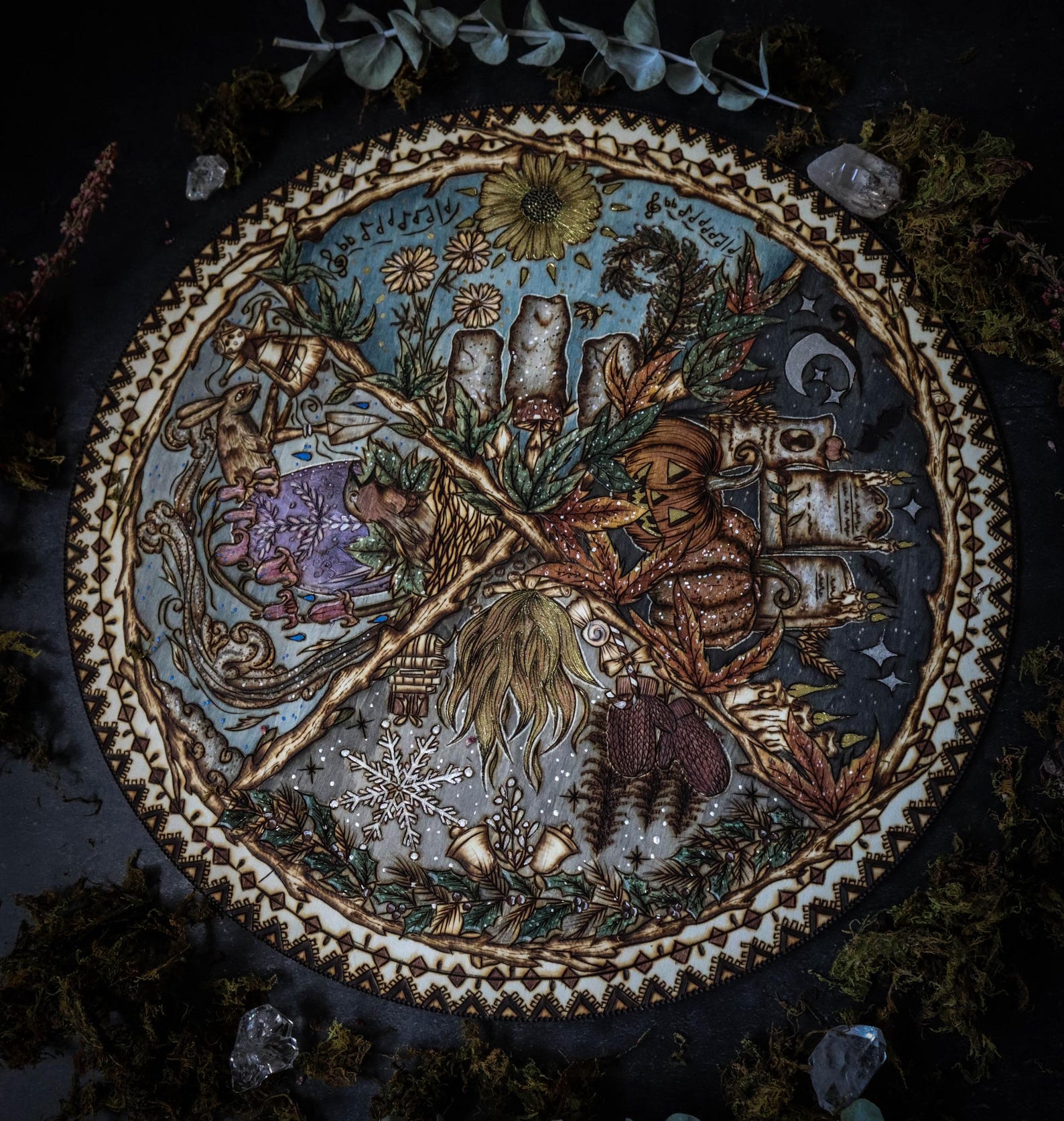 Four Seasons of Folklore Wooden Wall Decor Art Hanging Round Wheel of ...