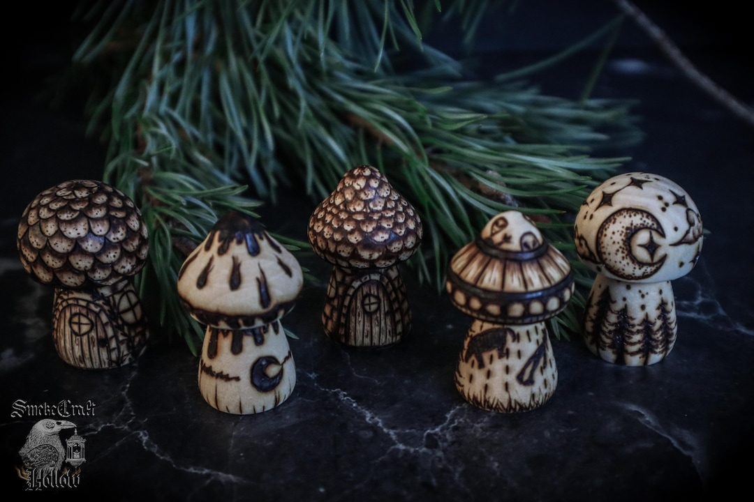 Woodburned Folklore Mushroom Toadstool Figurine Shelf Decor - Etsy