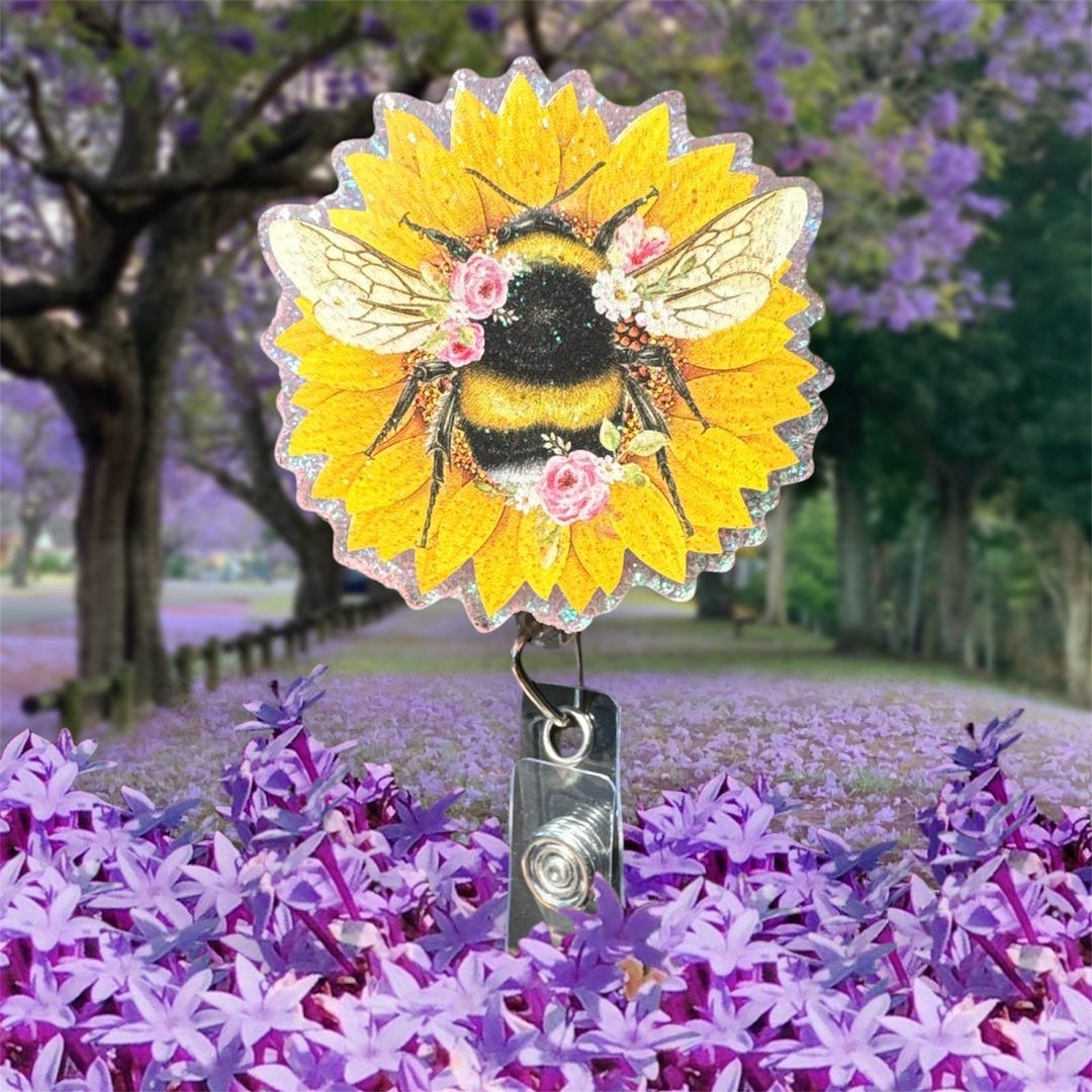 Sunflower Bumble Bee Glitter Badge Reel, RN Badge Reels, Teacher Badge ...