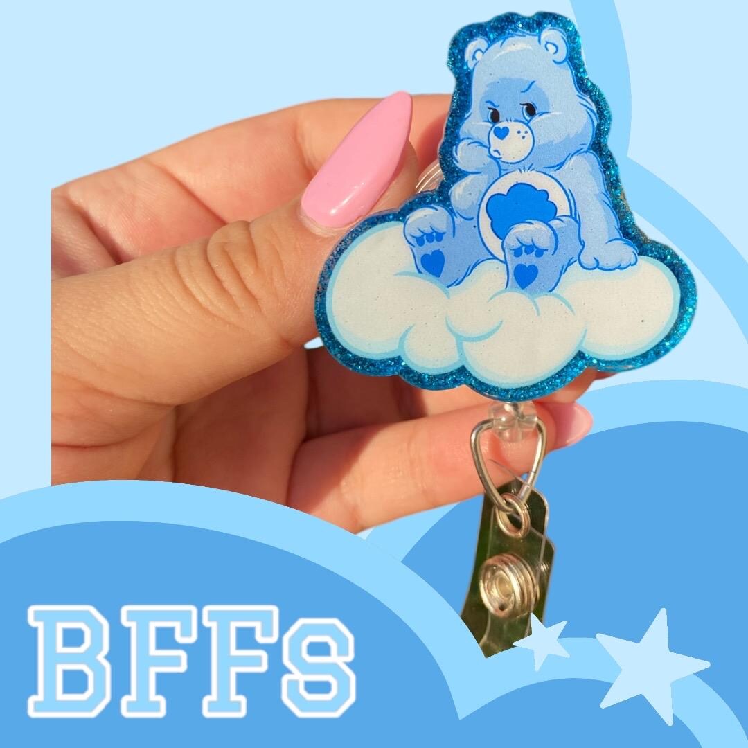 Blue Grumpy Bear on Cloud Glitter Badge Reel, Cloud Badge Reel, RN ...