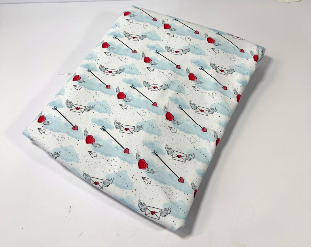 Love Letters Winged Heart Fabric RTS, Blue Cloud Cupid Arrow Cotton ...