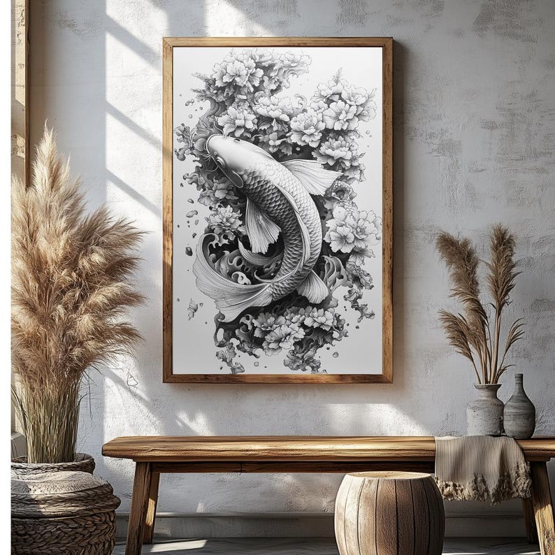 Black and White Koi Fish Art, Japanese Style Painting - Etsy