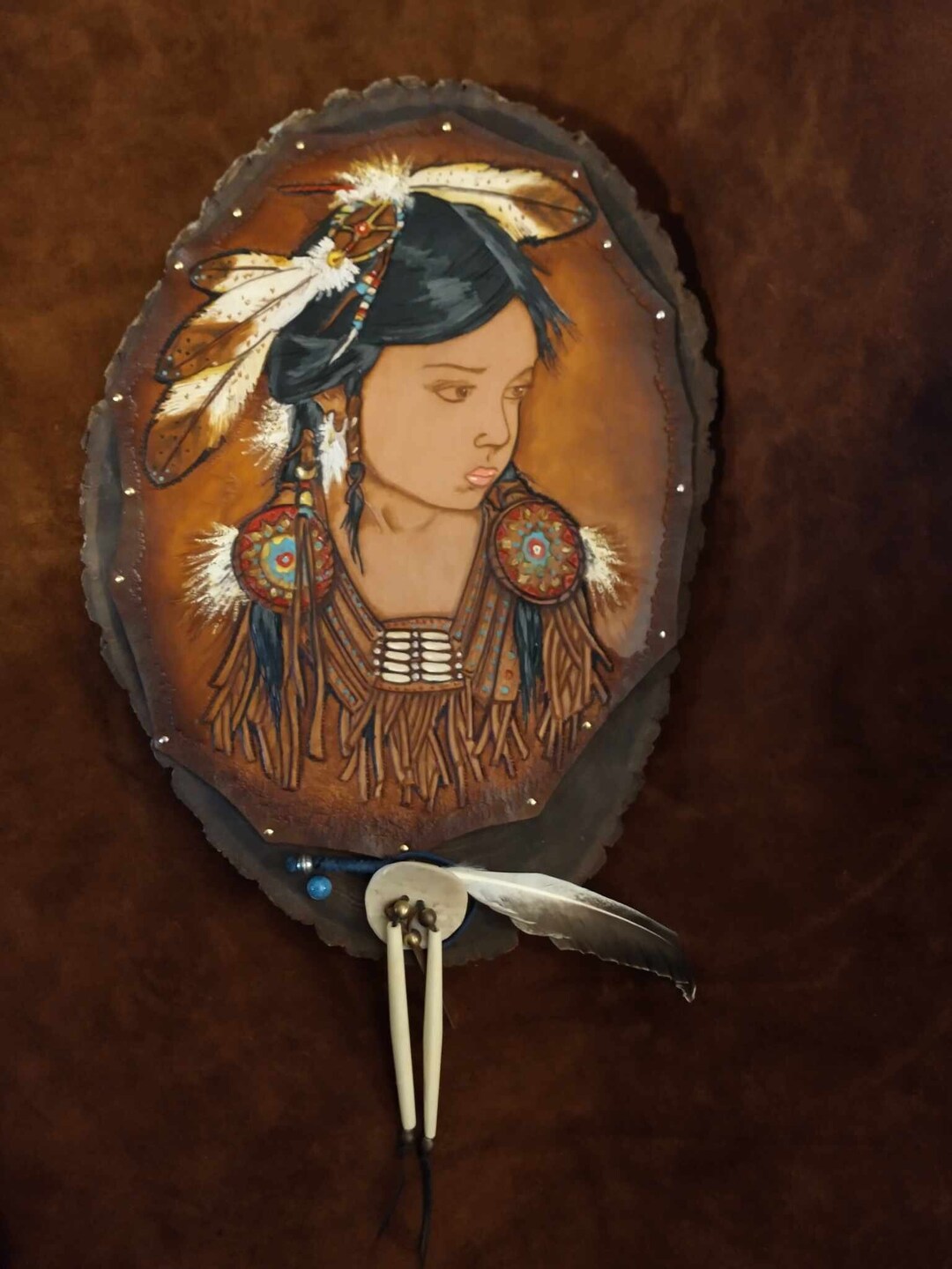 American Native Portrait Leather Hand Tooled Feather Hair Pipes Beads ...