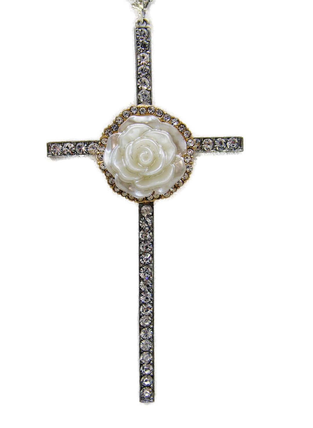 White ROSE Cross Pendant Necklace, One of a Kind Handmade Jewelry, 3 3/ ...