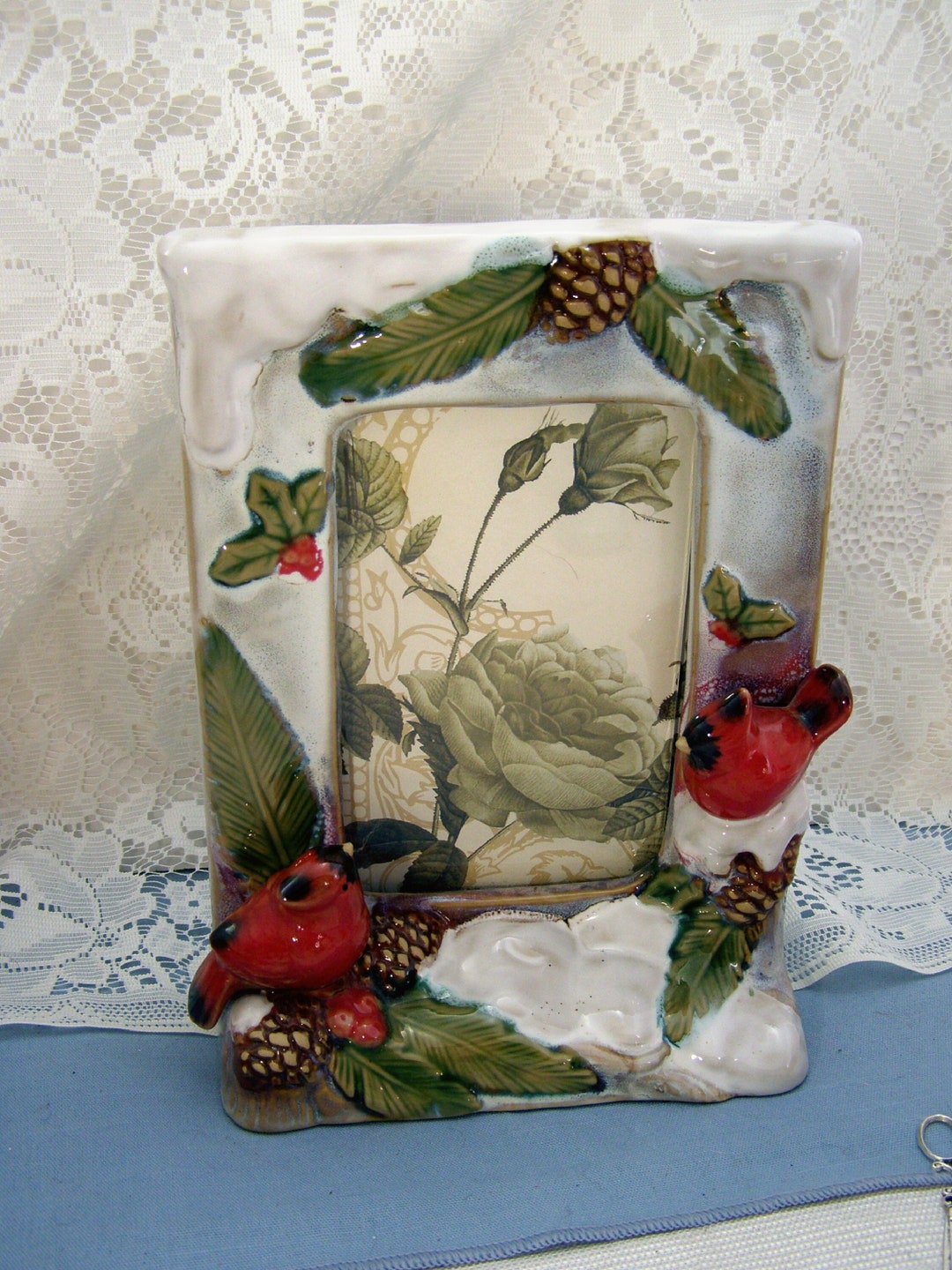 Vintage Cardinal Bird Picture Frame, 4" X 6" Photo Frame, Heavy Ceramic ...