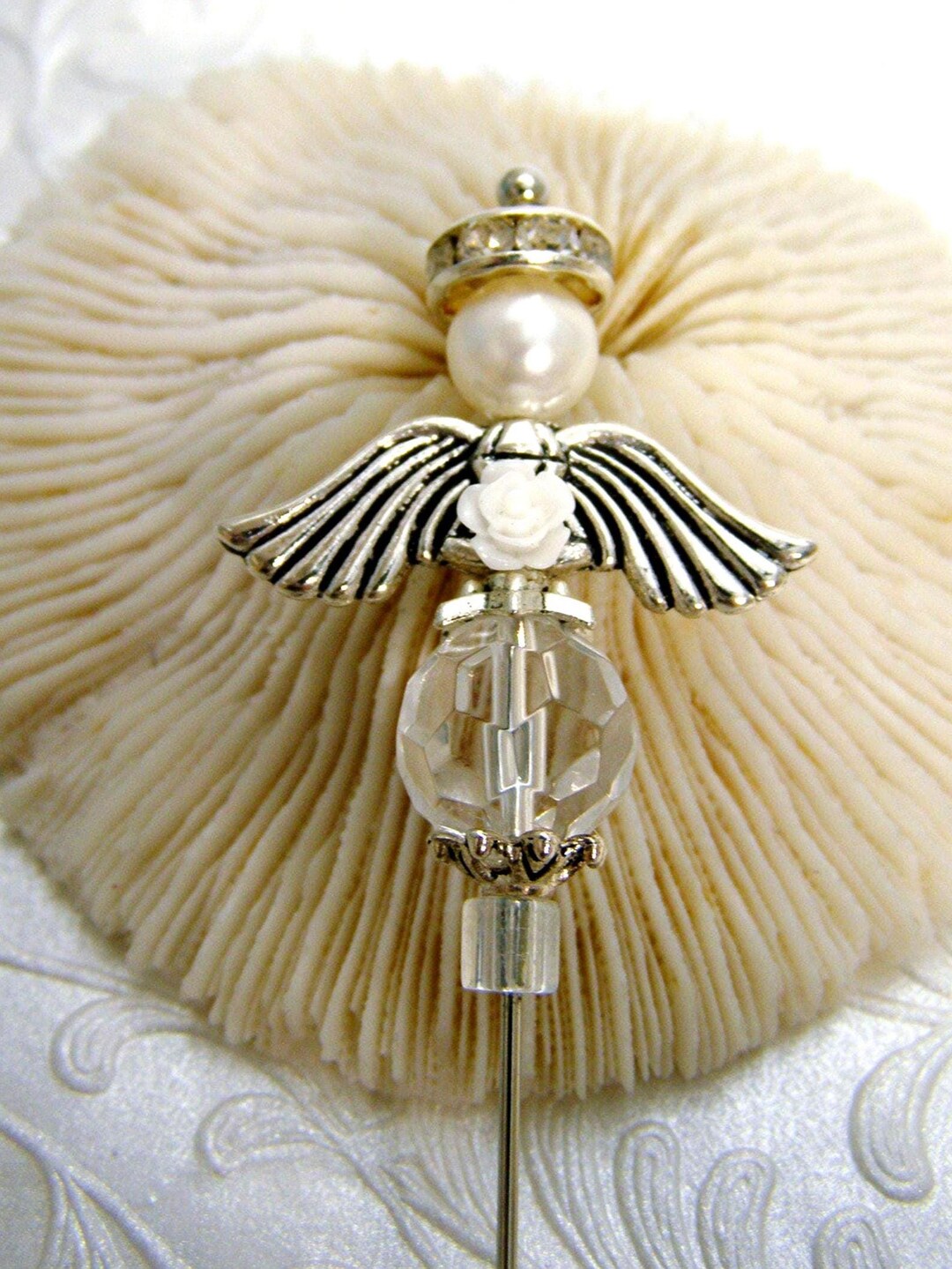 White Glass Pearl Angel Stick Pin Brooch, Handmade Angel Jewelry, in ...