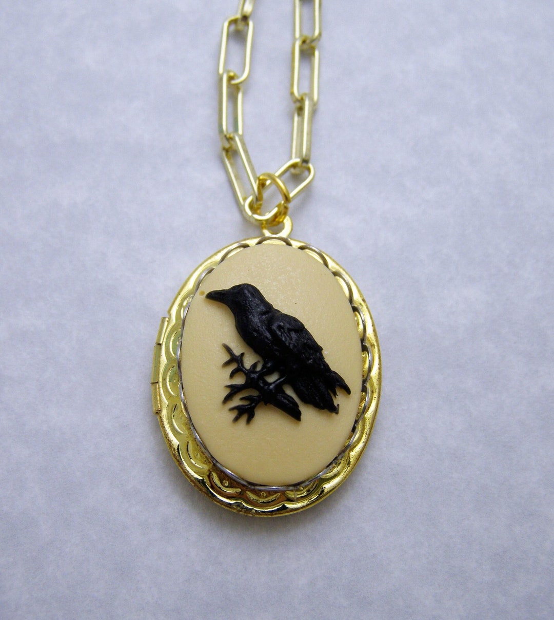 Gold Raven Photo Locket, 1 1/4 Gold Raven Bird Picture Locket, Handmade ...