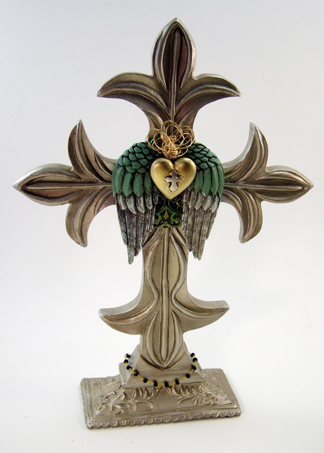 Fleur De Lis Angel Wings Standing Cross, OOAK 11" Embellished Altar ...