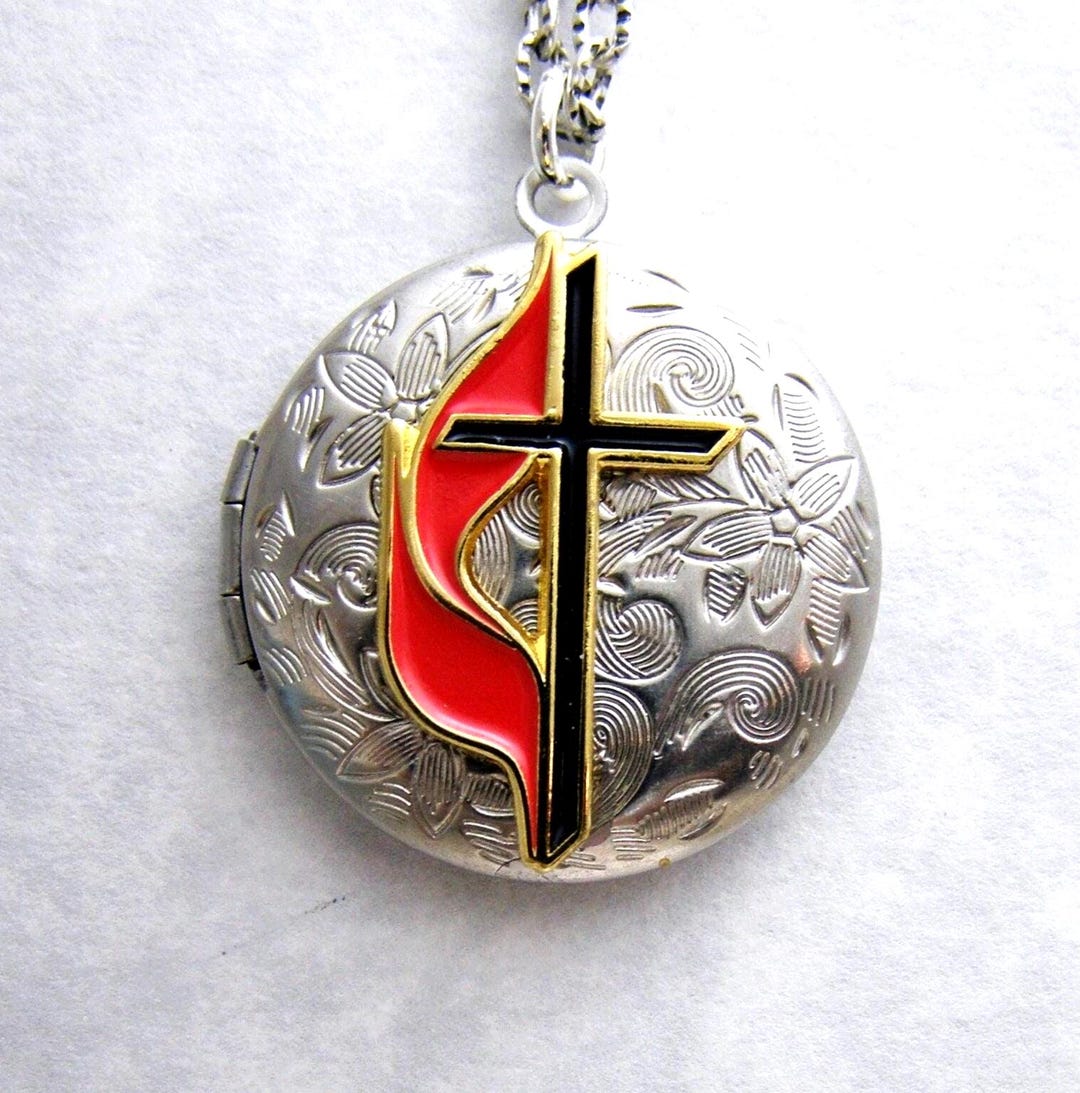 Methodist Locket Necklace: Methodist Cross and Flame Jewelry, Women's ...