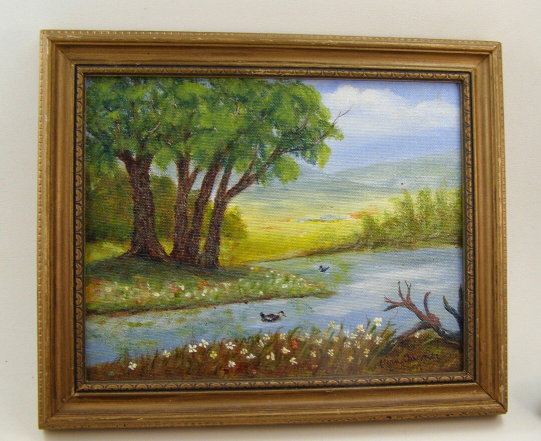 Vintage Lake Scene Oil Painting, Framed Original Signed Painting ...