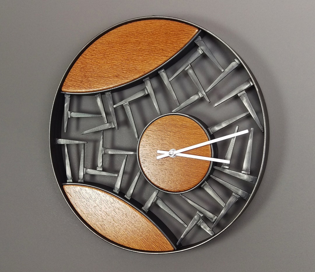Leopard Wood and Steel Modern Wall Clock, Welded Steel and Wood Clock ...