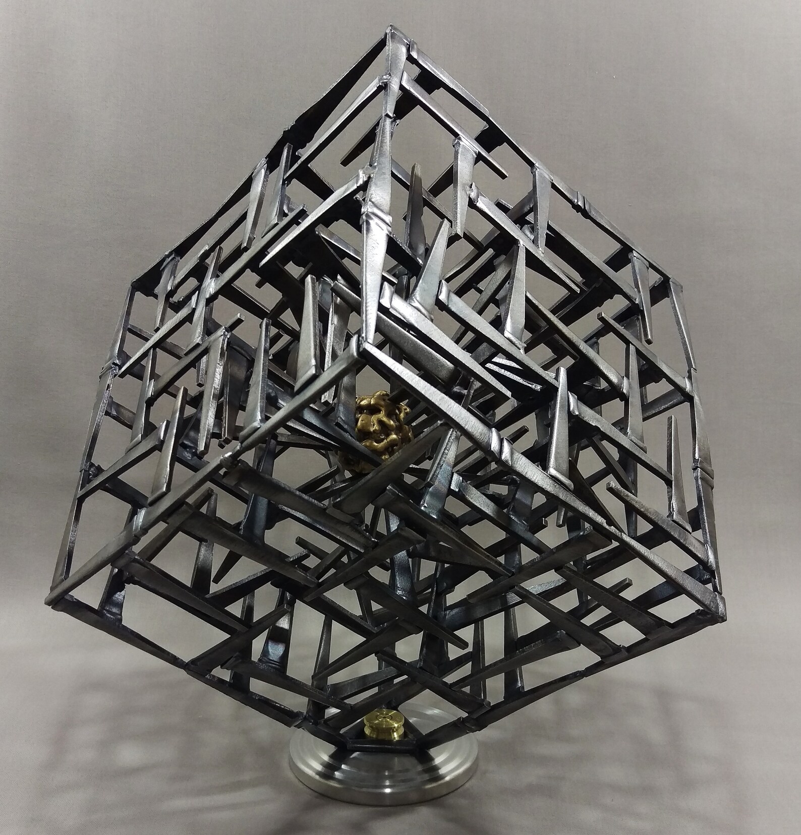 Welded Nail & Brass Cube Tabletop Sculpture - Nail Art - Metal Art ...