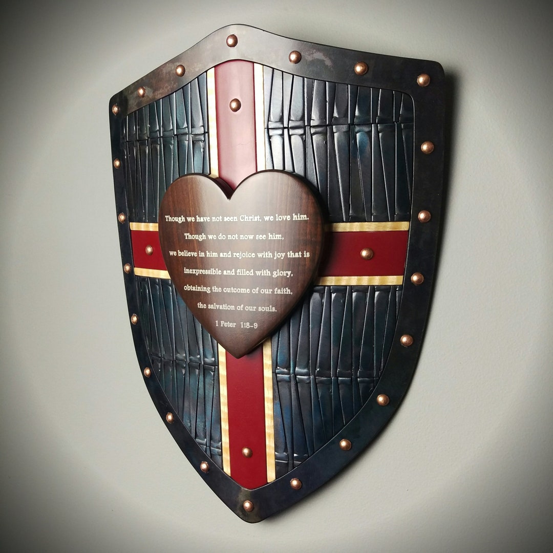 Shield of Faith, Coat of Arms, Welded Steel Wall Art, Wooden Heart ...